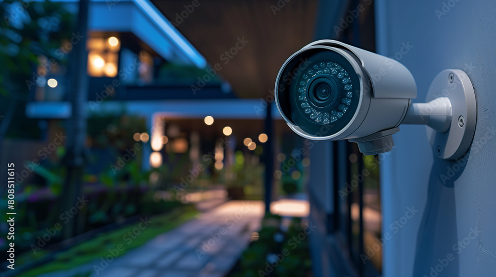 Close-up view of a modern home security camera monitoring vigilantly ...