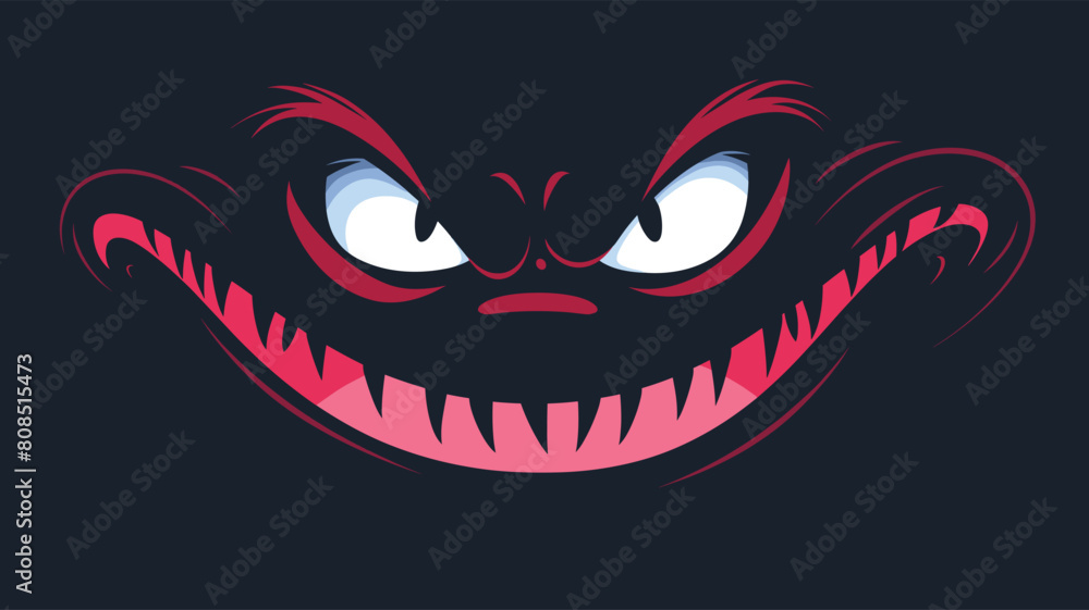 Sinister cartoon creature grinning malevolently against dark background ...