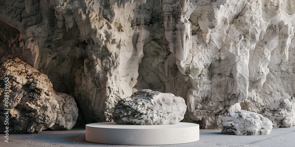 Empty gray stones tower Podium. Stones pedestal display on beige ...