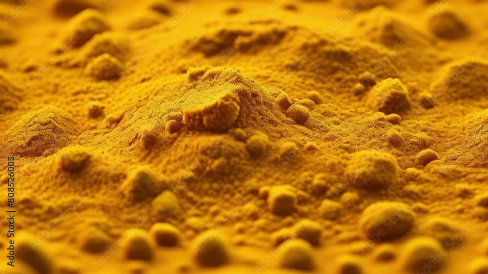 texture of turmeric powder spread evenly across the frame. The vivid ...