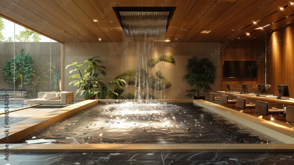 Ultra-detailed 3D rendering of a meeting room with a Zen-like design ...