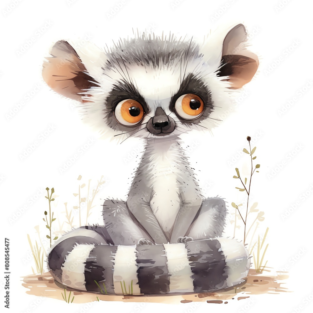Create a cute cartoon lemur. The lemur should be sitting on a rock ...