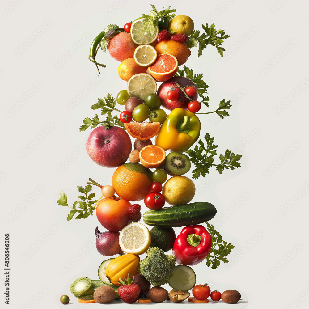 Vegetables and fruits are stacked vertically - Gemüse und Obst werden ...