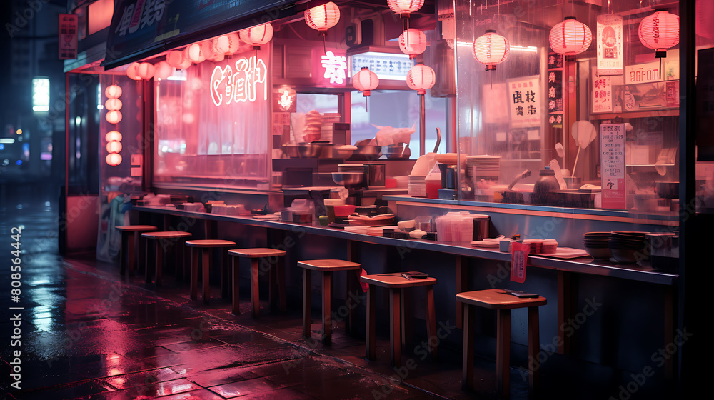 ภาพประกอบสต็อก A neon-lit Tokyo ramen shop on a rainy night, where ...