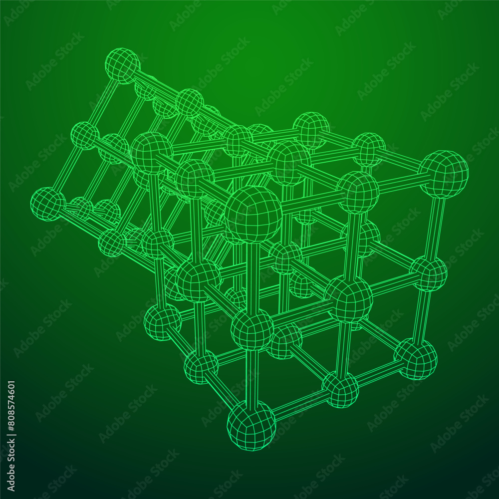 Crystal lattice molecule grid. Sodium chloride rock salt. Wireframe low ...