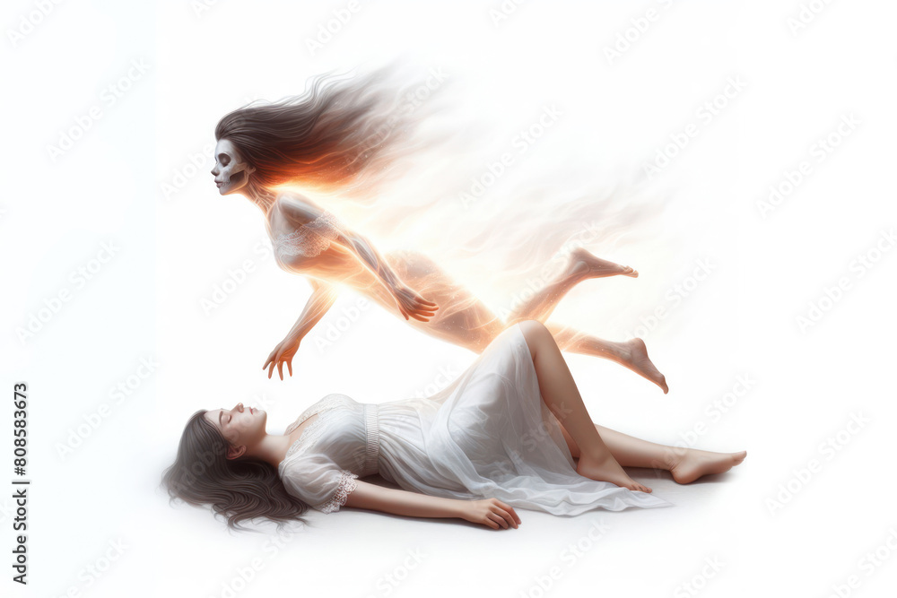 The spirit leaves the body, the girl lies and her spirit rises from her ...