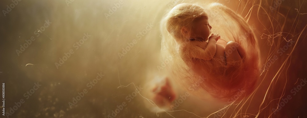 Human fetus in the womb prior to birth. Small embryo in uterus, banner ...