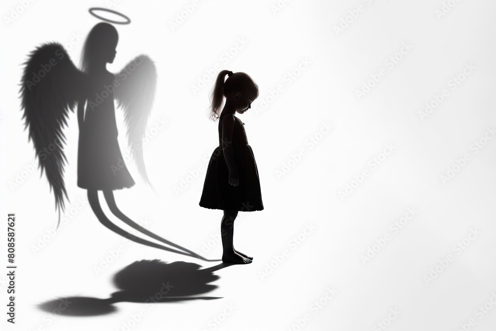 child girl with her shadow as an angel silhouette isolated on white ...