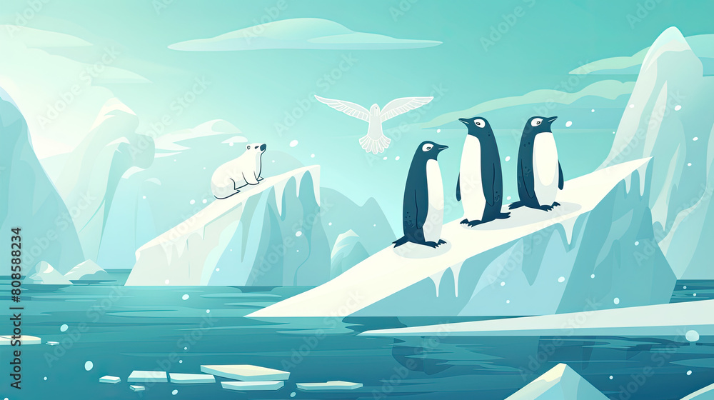 Global warming ice landscape vector illustration Cartoon flat penguins ...