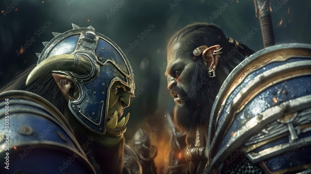 Battle of orcs and paladins, the world of warcraft. A man and an orc ...