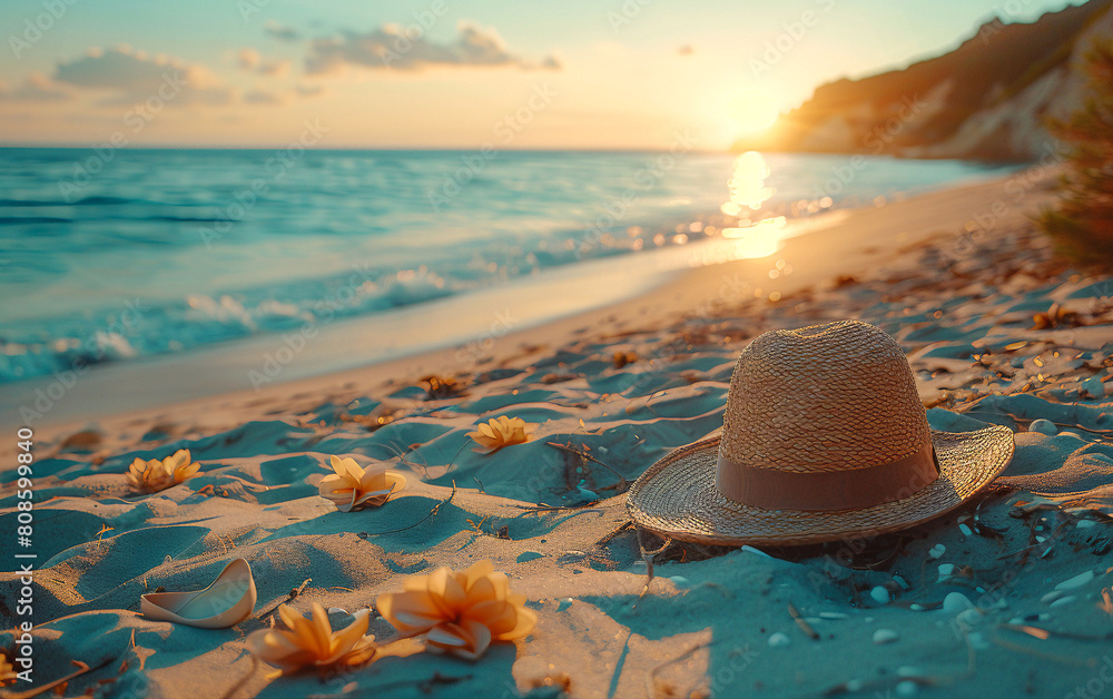 Summer background with beach accessories and flip-flops on wooden table ...