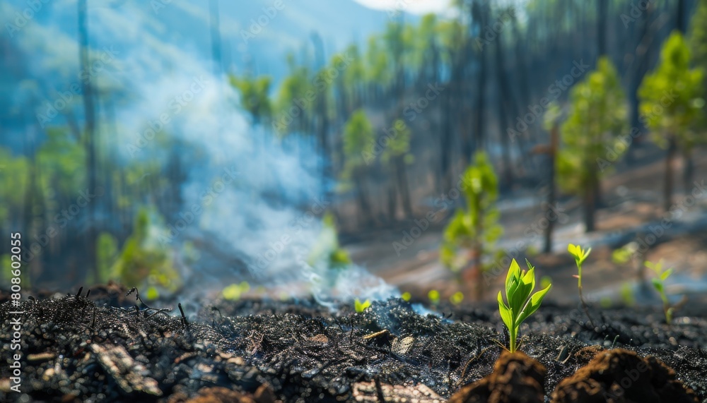 Recently extinguished forest fire with new sprouts of green bravely ...