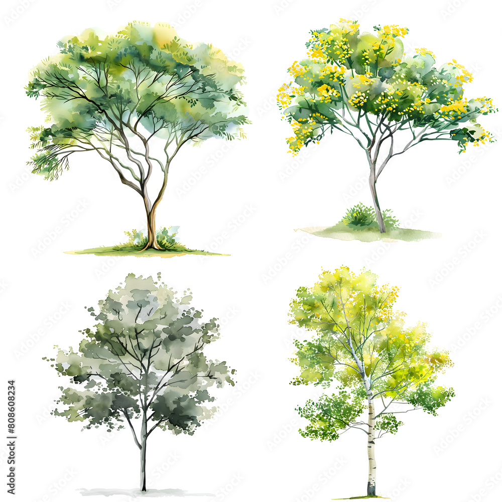 Trees front view, PNG, watercolor style vector tree, maple, ash, tree ...