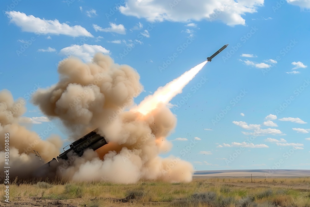 A missile system is firing an antiaircraft rocket at the target with ...