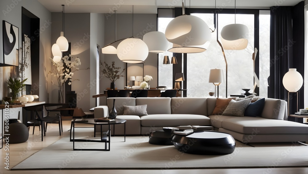 Design a modern living room with a statement lighting fixture Stock ...