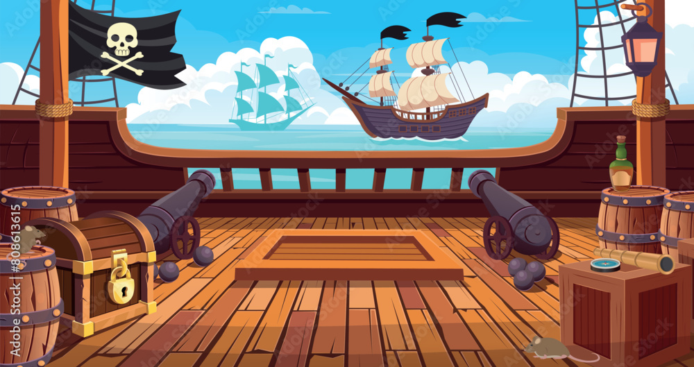 Deck on a pirate ship with cannons, pirate flag, barrels and boxes and ...