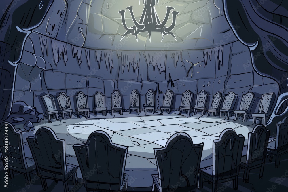 Cartoon cute doodles of a secret council chamber in the underworld ...