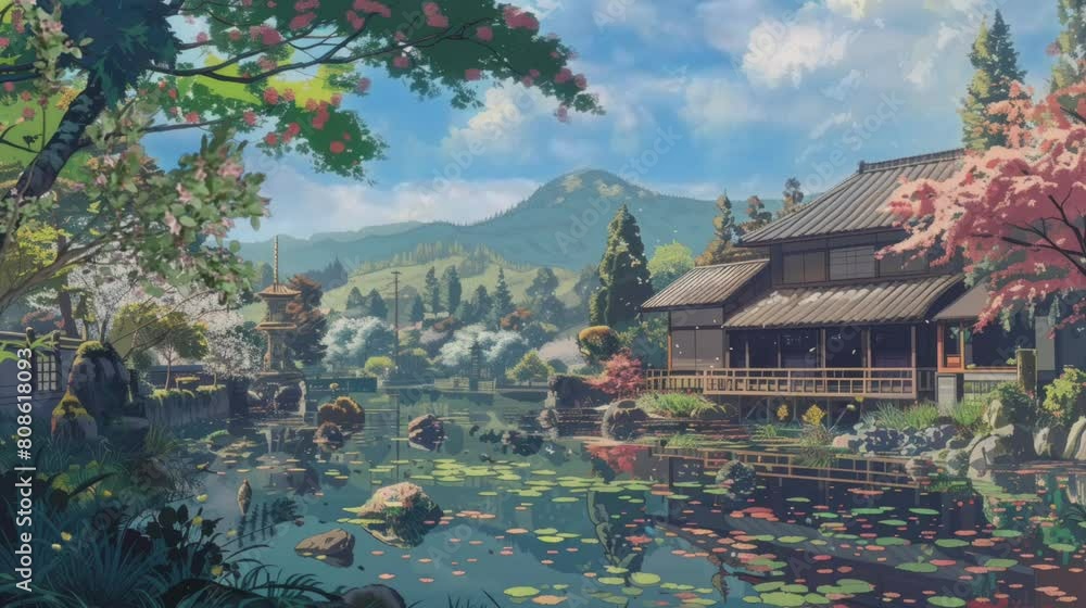 Visual illustration of a beautiful Japanese landscape in anime style ...