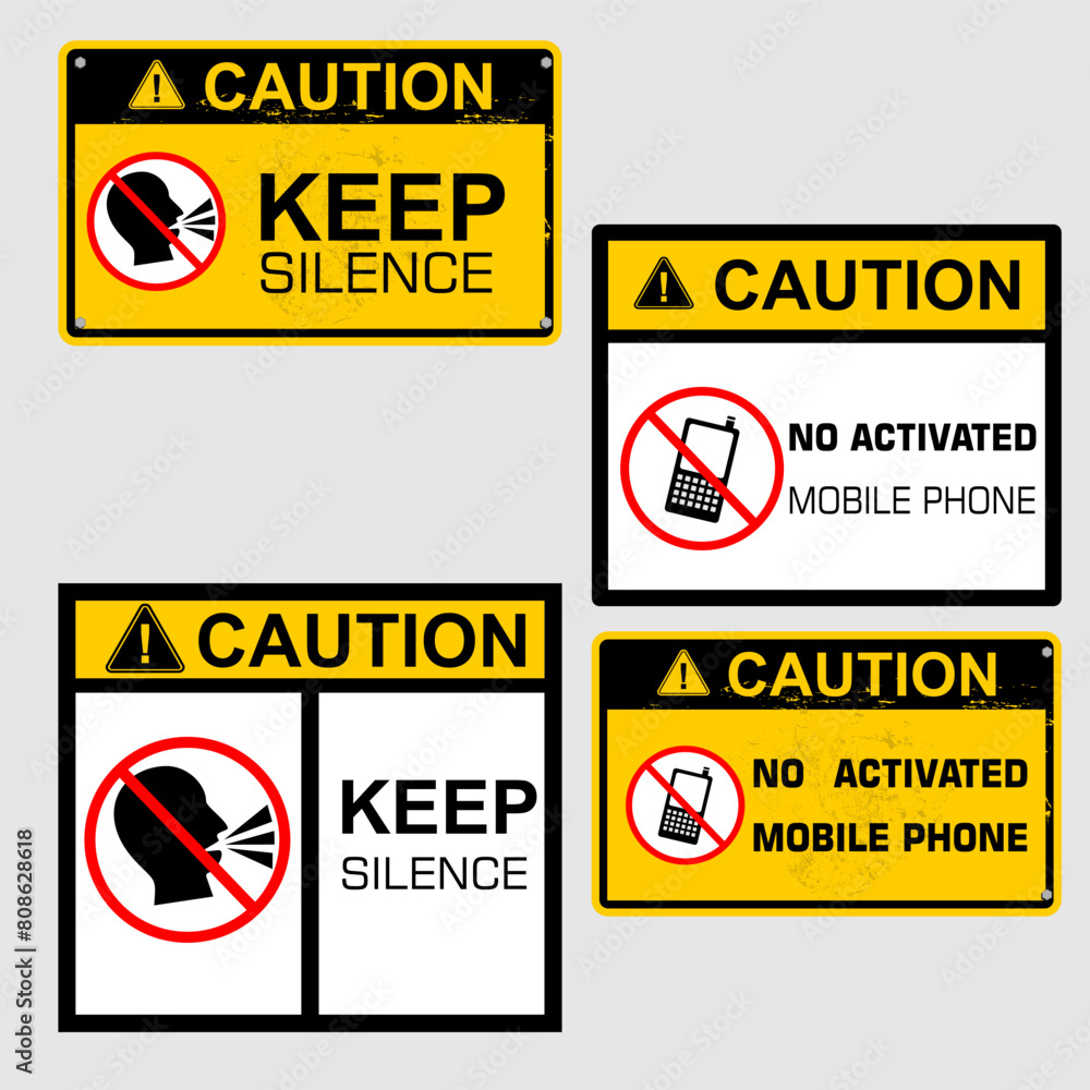 Caution, Keep Silence and no mobile phone, sticker vector Stock Vector ...