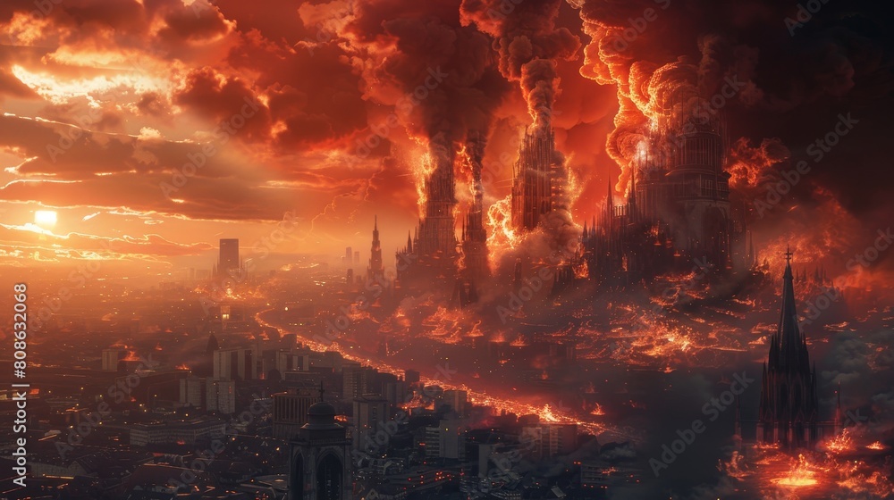 Intense scene of a hellish cityscape with towering flames and rivers of ...