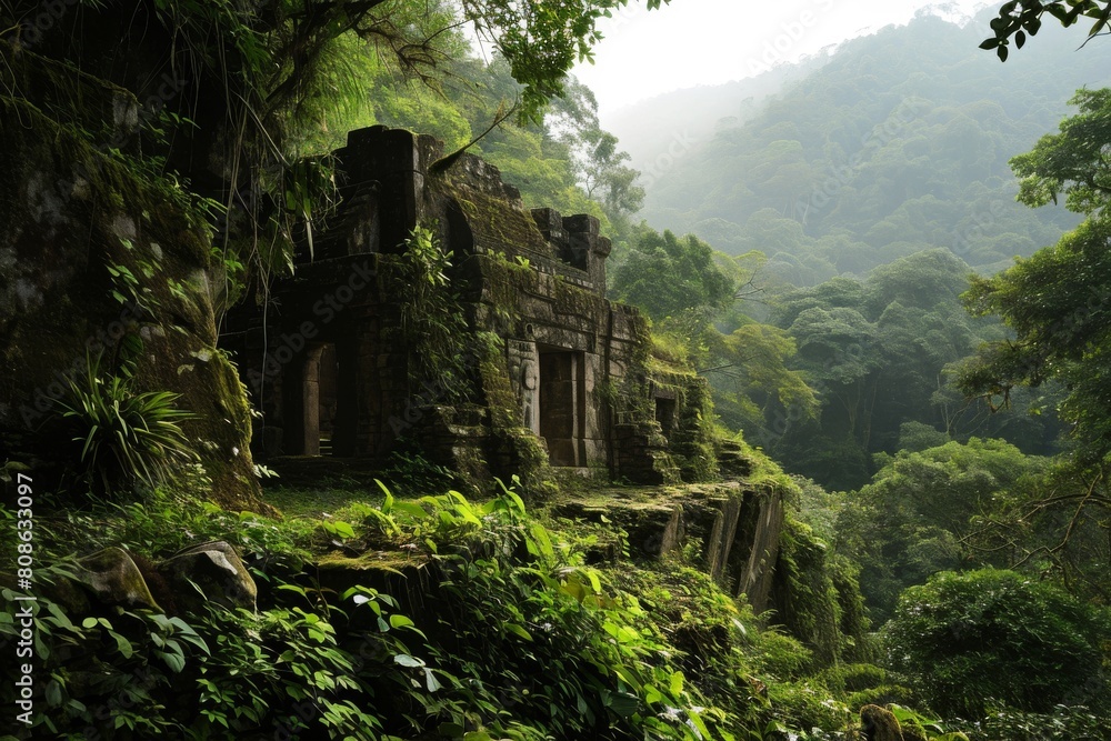 Ancient ruins hidden in the jungle, ancient and overgrown Mayan temple ...