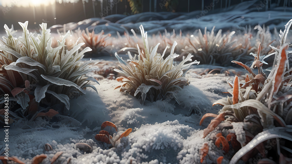 frost material, frost cover, frosty soil, frosty landscape, freezing ...