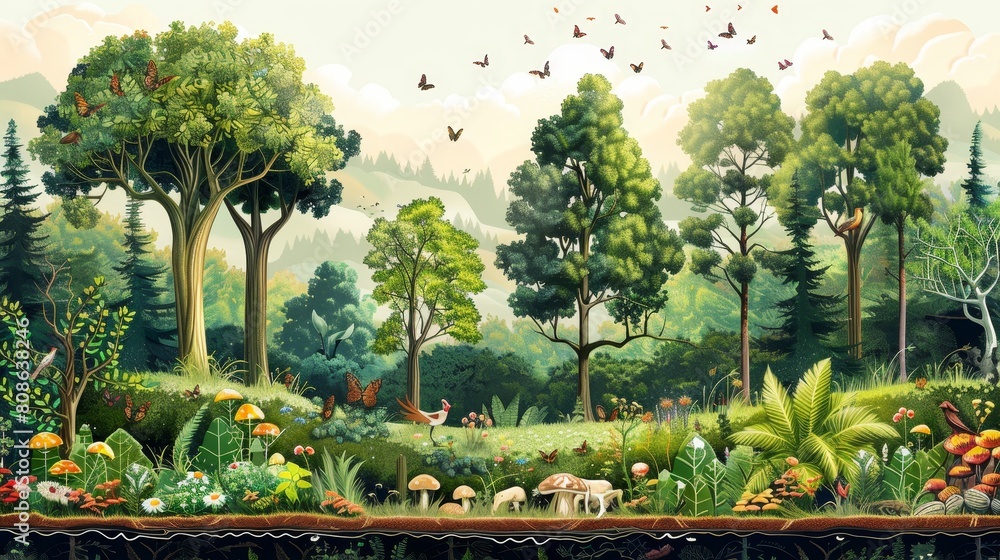 Richly detailed forest section view illustrating a thriving ecosystem ...