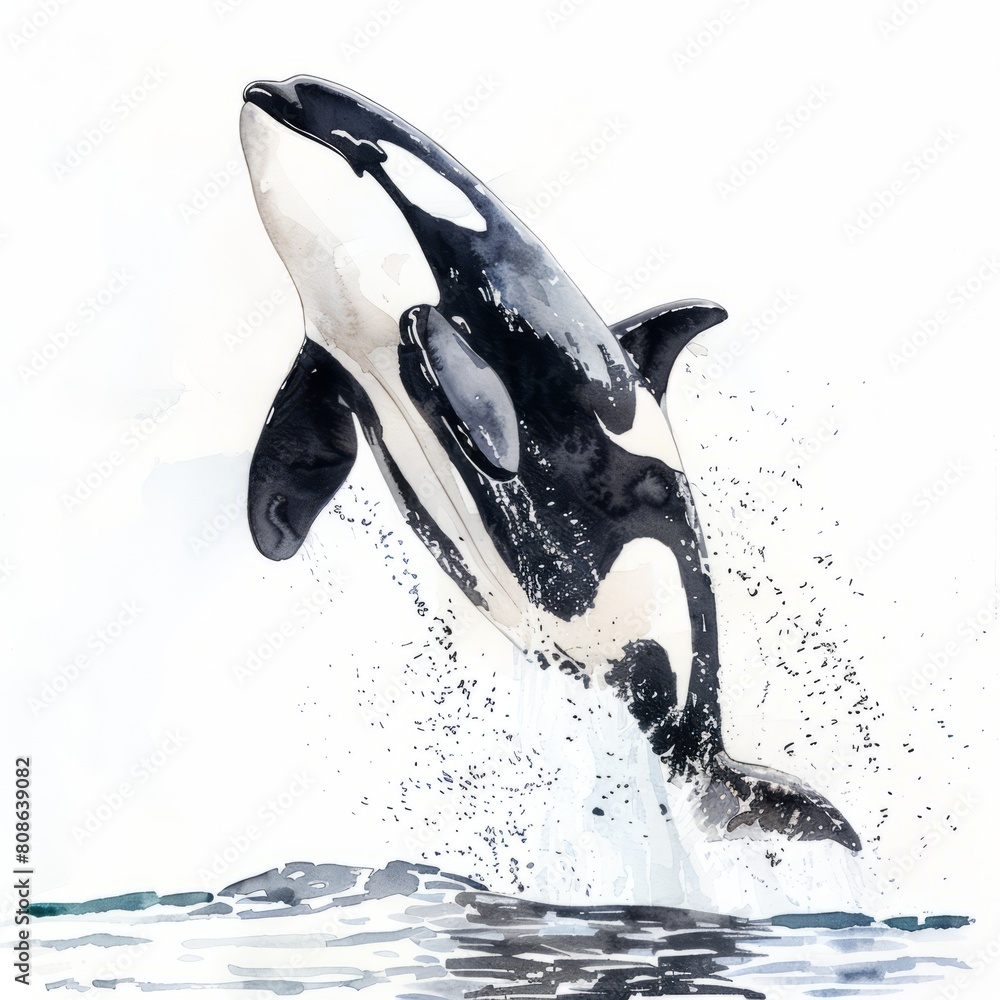 Watercolor painting of a majestic orca breaching the surface of the ...