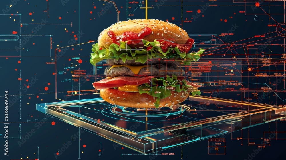 Futuristic burger with digital interface elements on an abstract tech ...