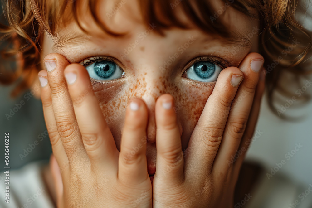 Сlose-up portrait of child hiding his face with hands. Concept of kid ...
