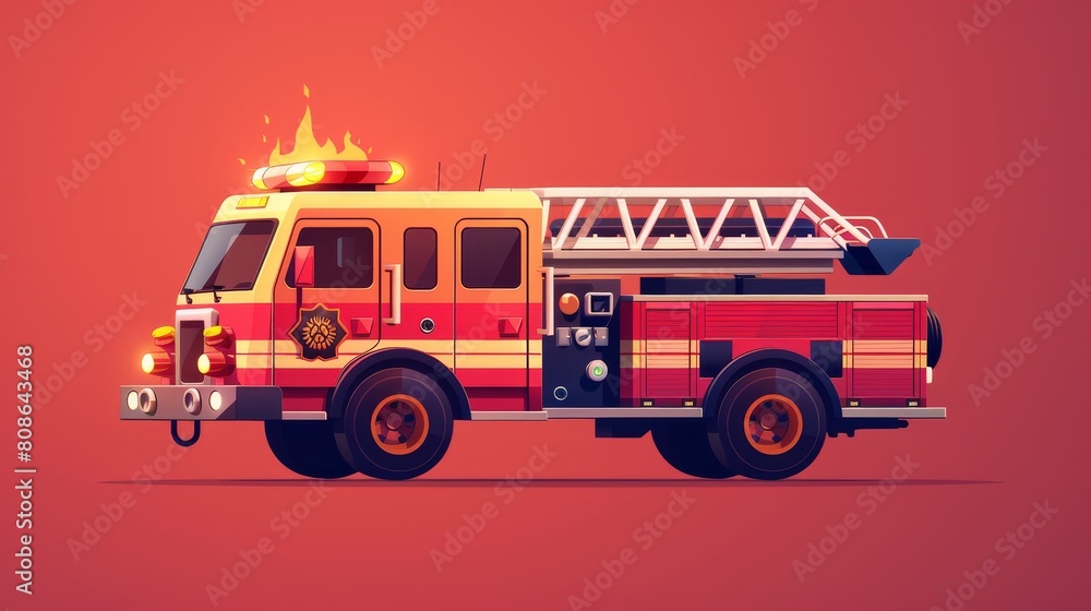 An illustration of a fire engine and emergency rescue truck on a red ...