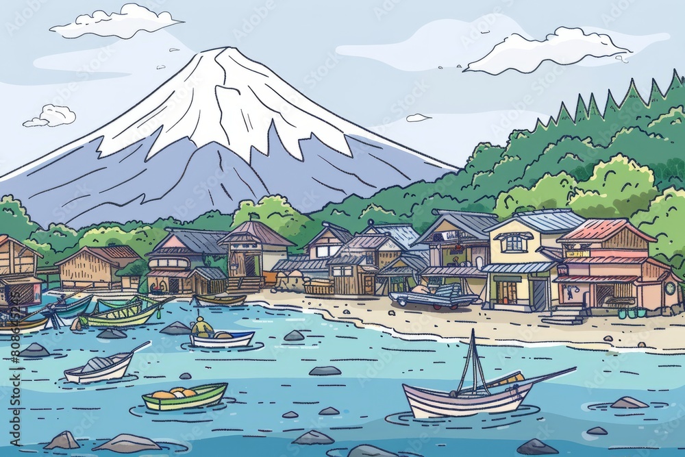 Cartoon cute doodles of a peaceful fishing village on the coast of ...