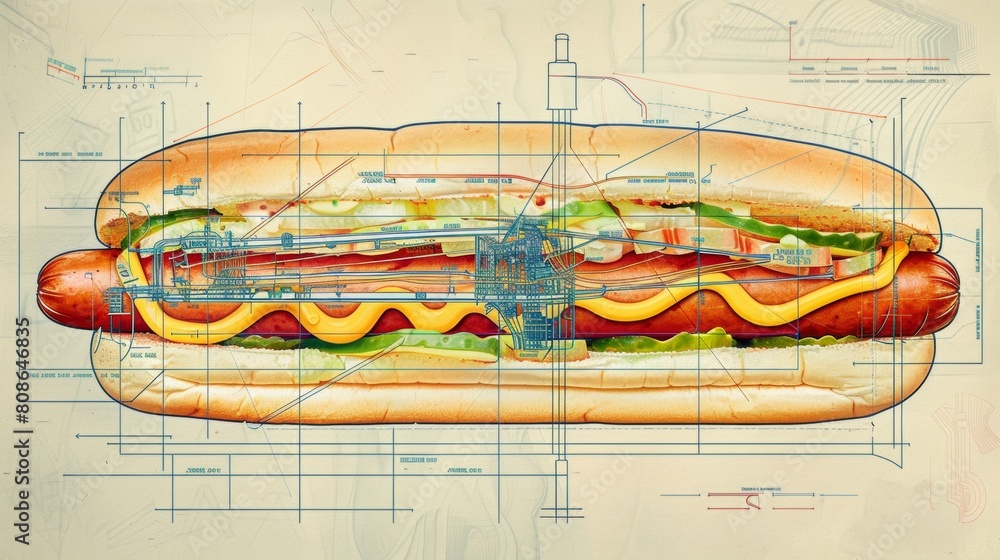 Illustration of a hot dog with detailed blueprints and design ...