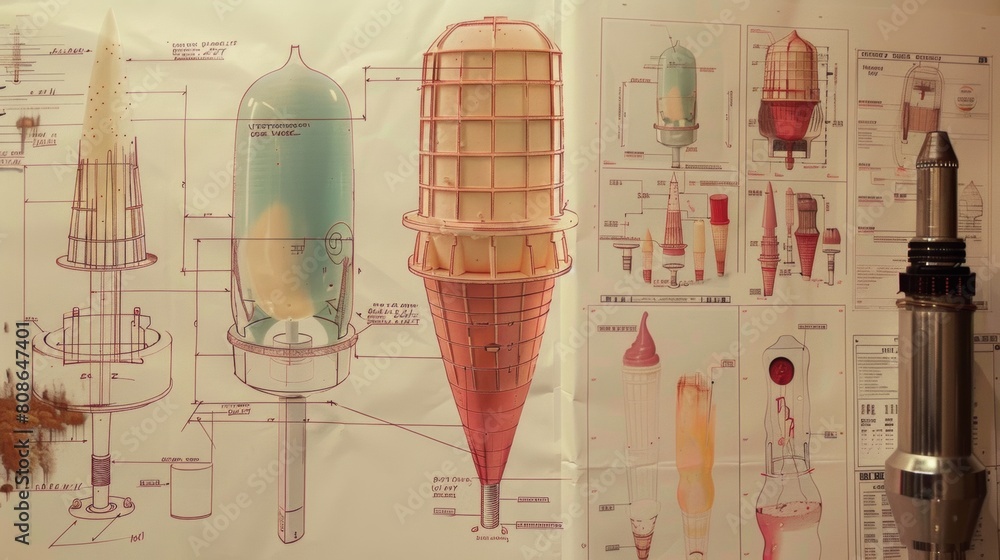 Technical diagrams and blueprints of various rocket and missile designs ...