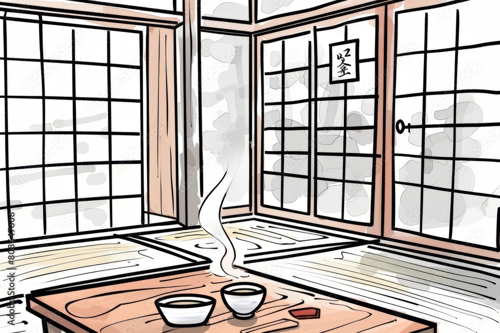 Cartoon cute doodles of a traditional Japanese inn (ryokan), with paper ...