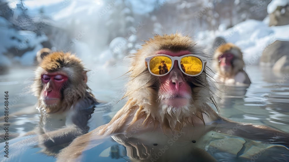 Japanese snow monkeys relaxing in a hot spring water, geothermal pool ...