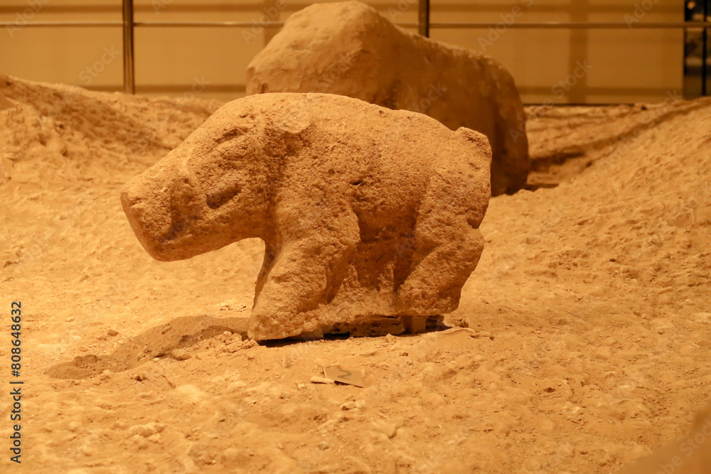 Neolithic stone sculpture, statue of a wild boar found in the area of ...