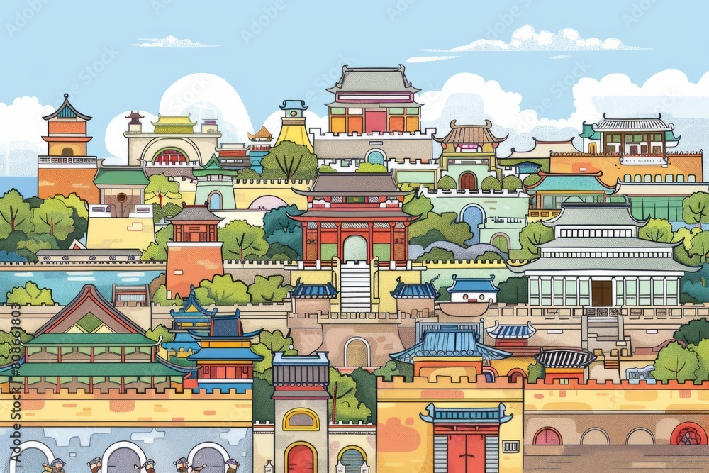Cartoon cute doodles of the ancient capital city of Jianye, transformed ...