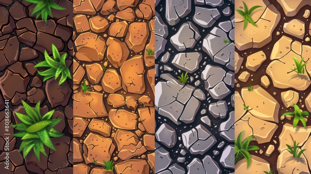 ภาพประกอบสต็อก Game background textures of soil, stones, and green ...