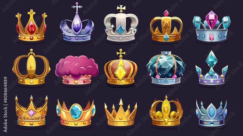 Icons of king, queen, princess, and prince headdresses with gold ...