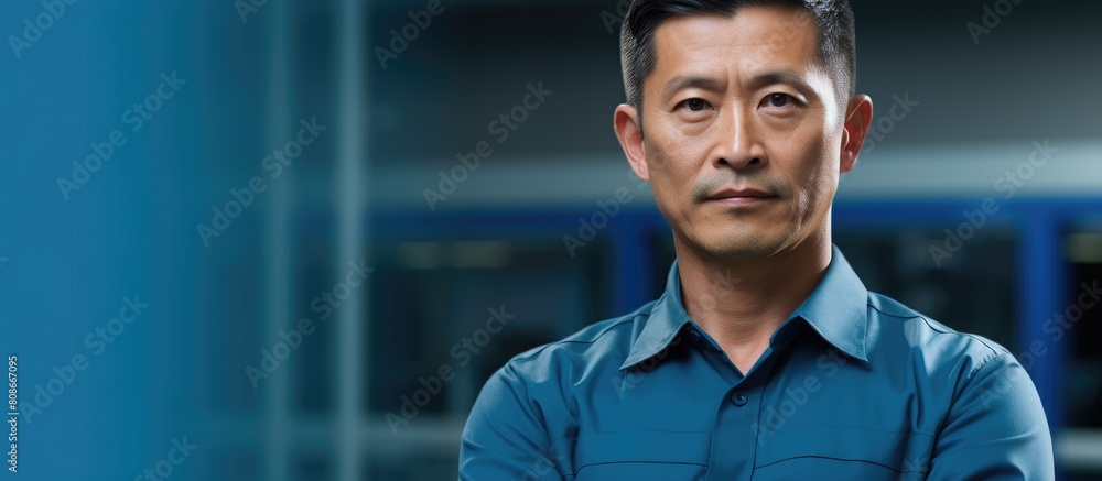 A middle aged Asian man dressed in work clothes with folded arms posed ...