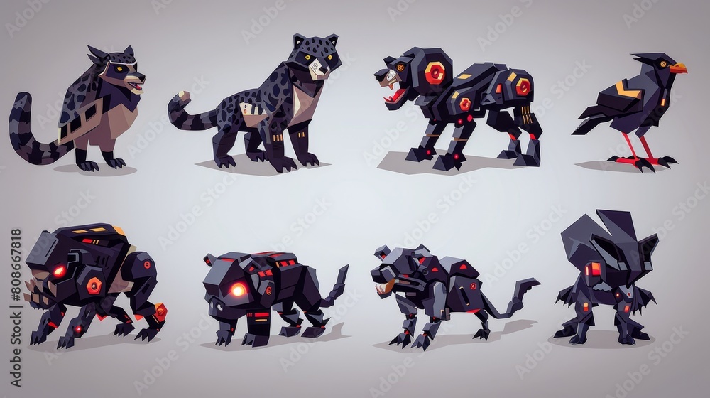 In this modern cartoon set, there are three evil robots, a panther, an ...