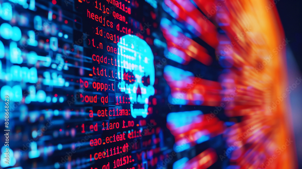 Dynamic view of a futuristic cybersecurity concept featuring skull ...