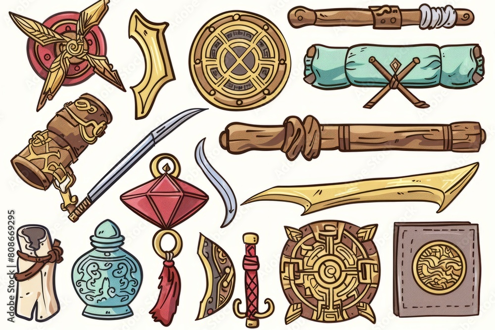 Cartoon cute doodles of the legendary mystical artifacts, such as the ...