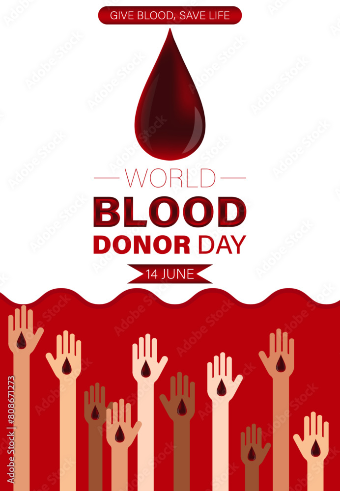 Donate blood vertical poster design. Blood donor day with hands raised ...