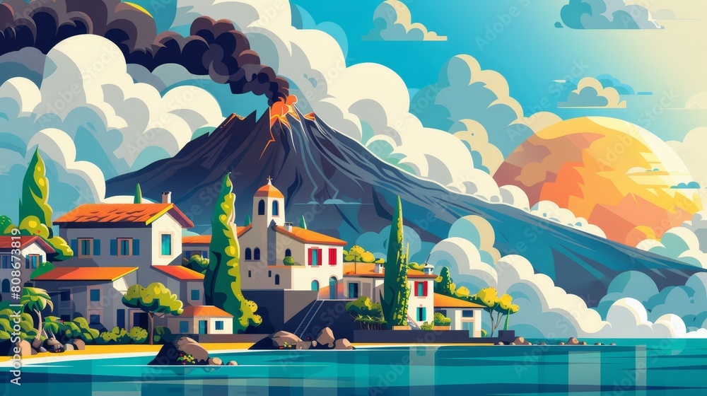Cartoon illustration of mediterranean landscape with houses, a harbor ...