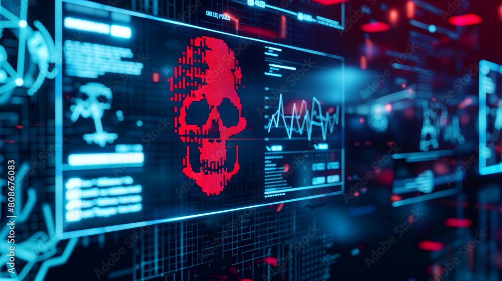 Cybersecurity threat visualization with a skull icon on digital screens ...