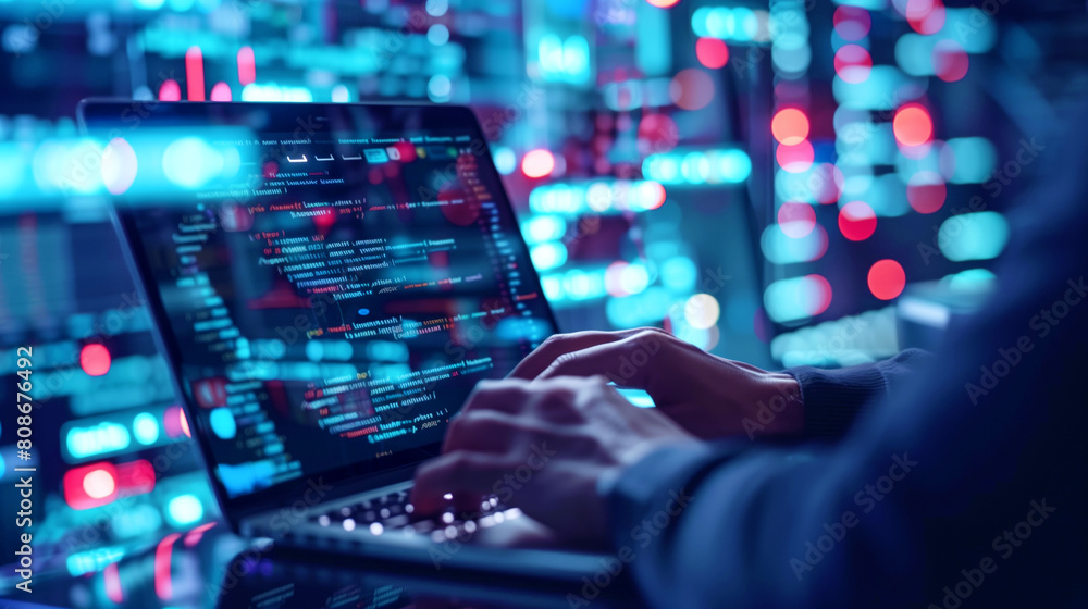 Intense coding session depicted with a person typing on a laptop ...