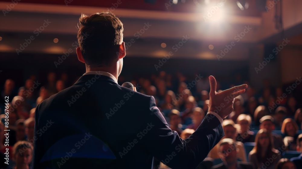 A passionate leader delivering a speech to a captivated audience ...