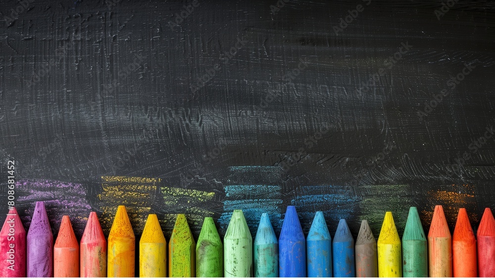 Colorful chalks in various colors on blackboard background with copy ...